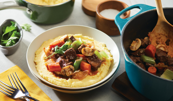 Beef Stew with Red Wine over Polenta - PotsandPans.com