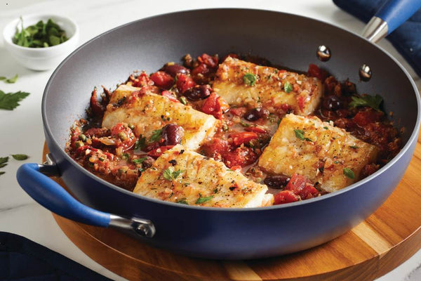 Pan Roasted Cod with Puttanesca - PotsandPans.com